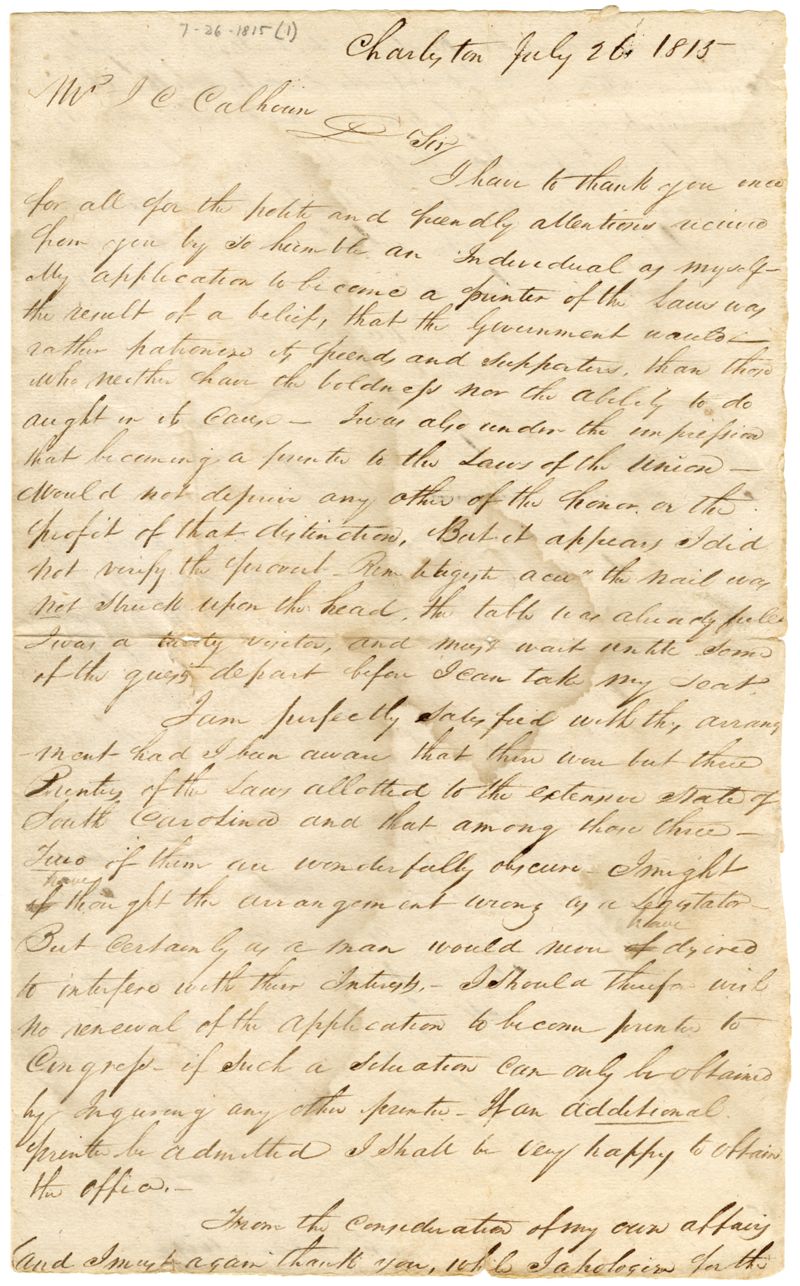 Letter to John C. Calhoun from Isaac Harby, July 26, 1815 - Lowcountry ...