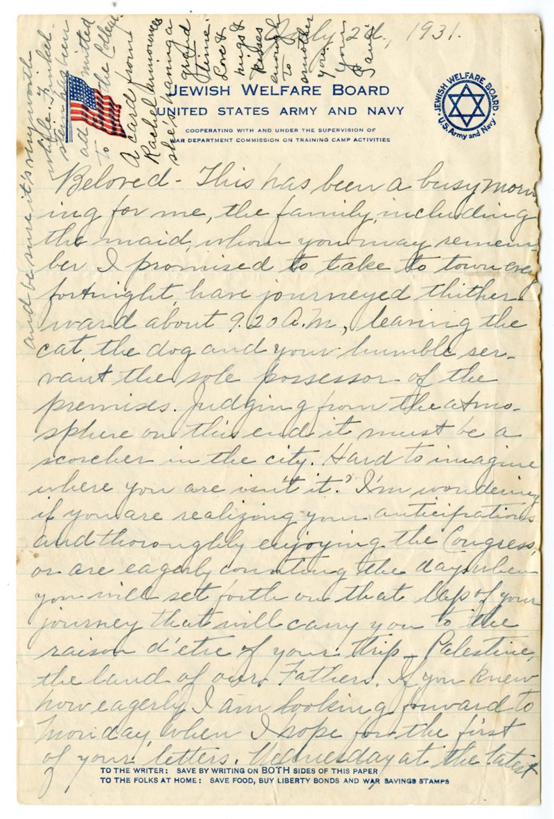 Letter to Jacob S. Raisin from Jane Lazarus Raisin, July 2, 1931 ...
