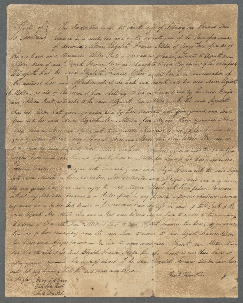 Indenture Between Elizabeth Frances Allston and Benjamin Allston, 1791 ...