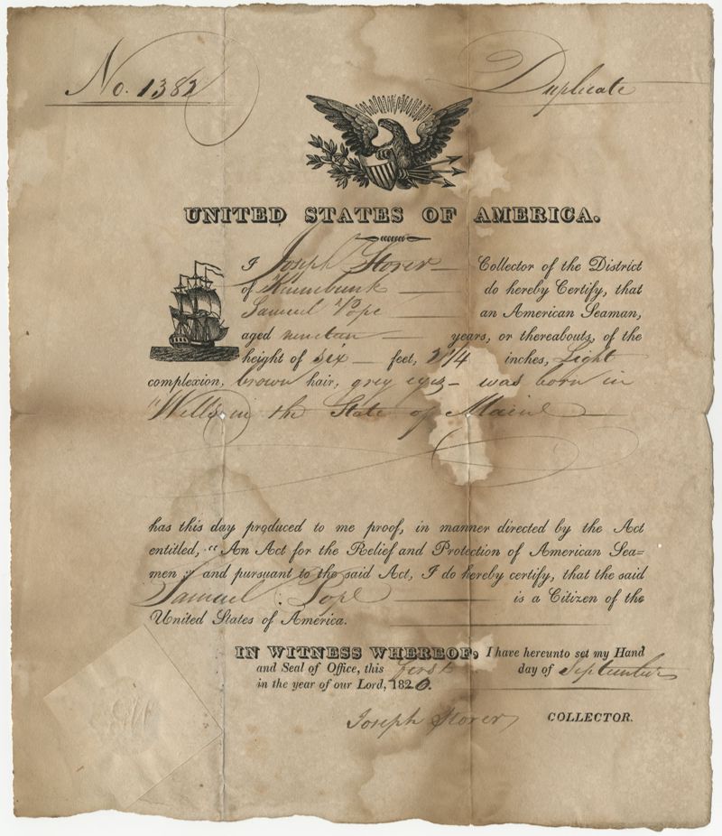 Samuel Pope, Seamen's Protection Certificate, 1820 - Lowcountry Digital ...