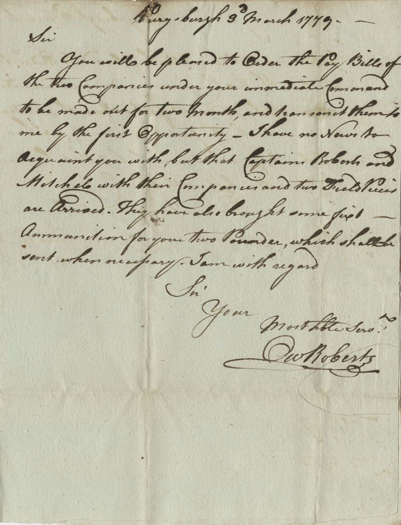 Letter from Colonel Owen Roberts to John F. Grimke, March 3, 1779 ...