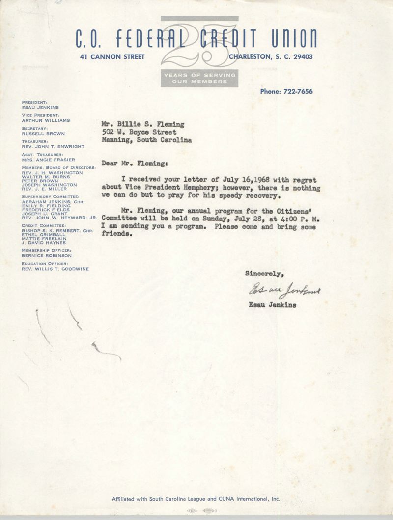 Letter from Esau Jenkins to Billie S. Fleming, July 1968 - Lowcountry ...