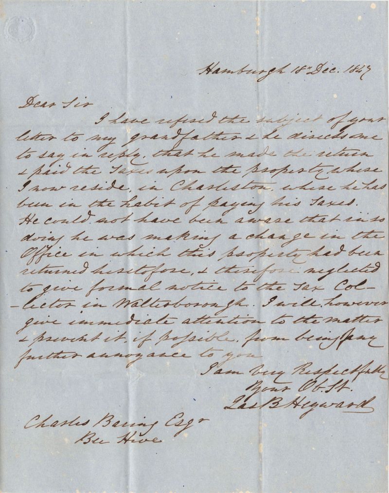 108. James B. Heyward to Charles Baring -- December 18, 1847 ...