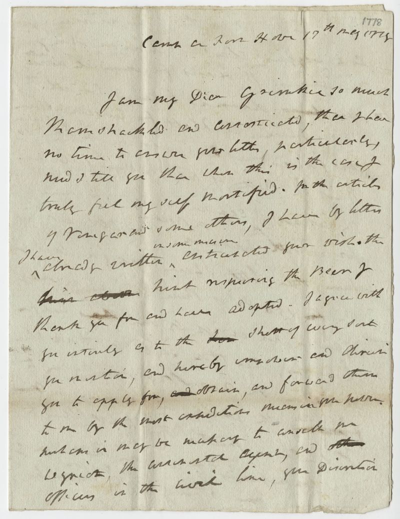 Letter from General Robert Howe to John F. Grimke, May 17, 1778 ...