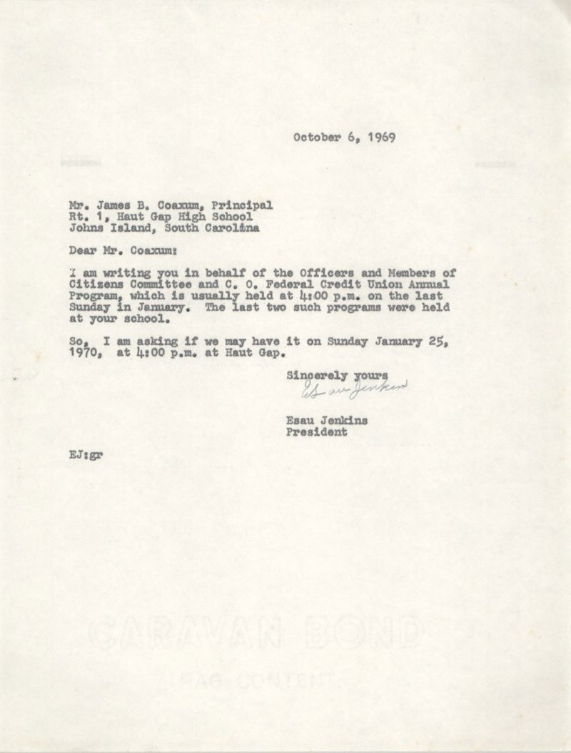 Letter from Esau Jenkins to James B. Coaxum, October 6, 1969 ...