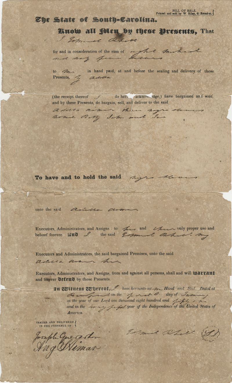 Bill of Sale for Three Slaves in Beaufort, South Carolina - Lowcountry ...