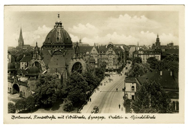 Dortmund, Hansastraße mit Petrikirche, Synagoge, Probstei- u ...
